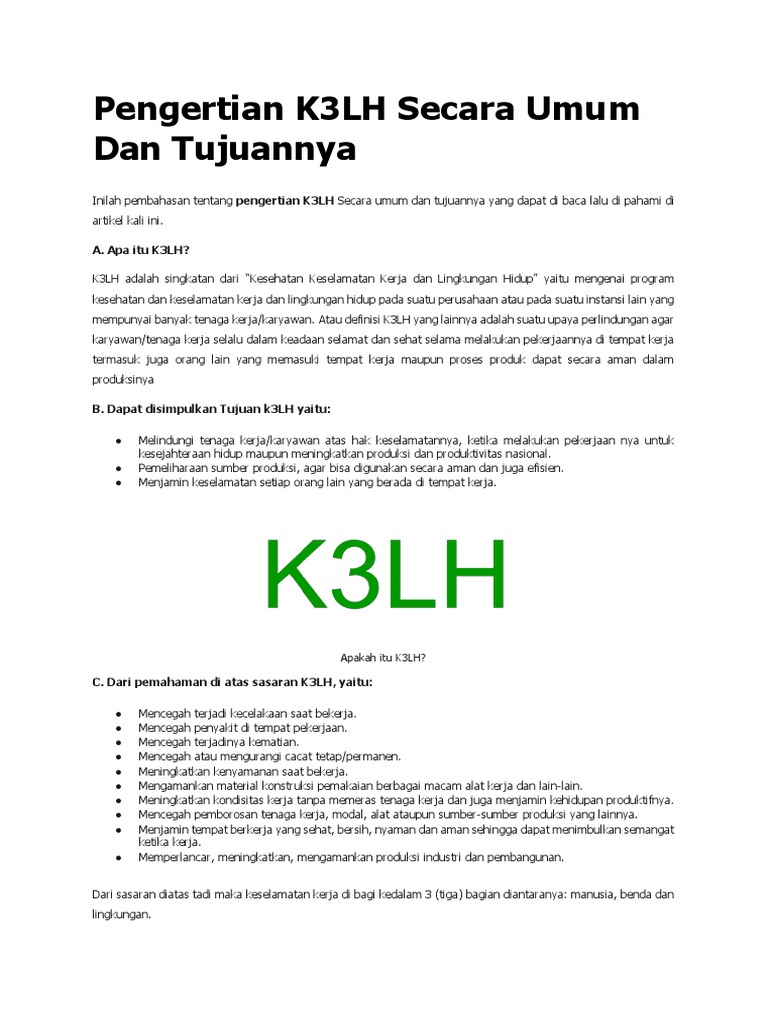 Pengertian K3LH Secara Umum Dan Tujuannya | PDF