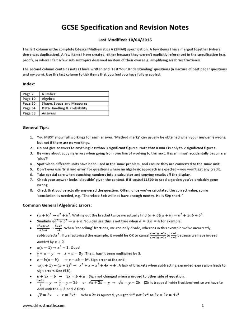 Gcse Revision Notes and Specification | PDF | Fraction (Mathematics ...