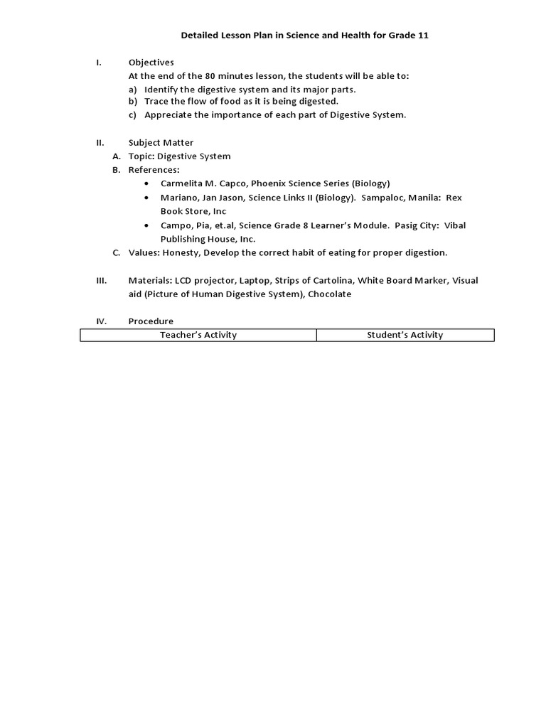 Detailed Lesson Plan | PDF | Digestion | Stomach