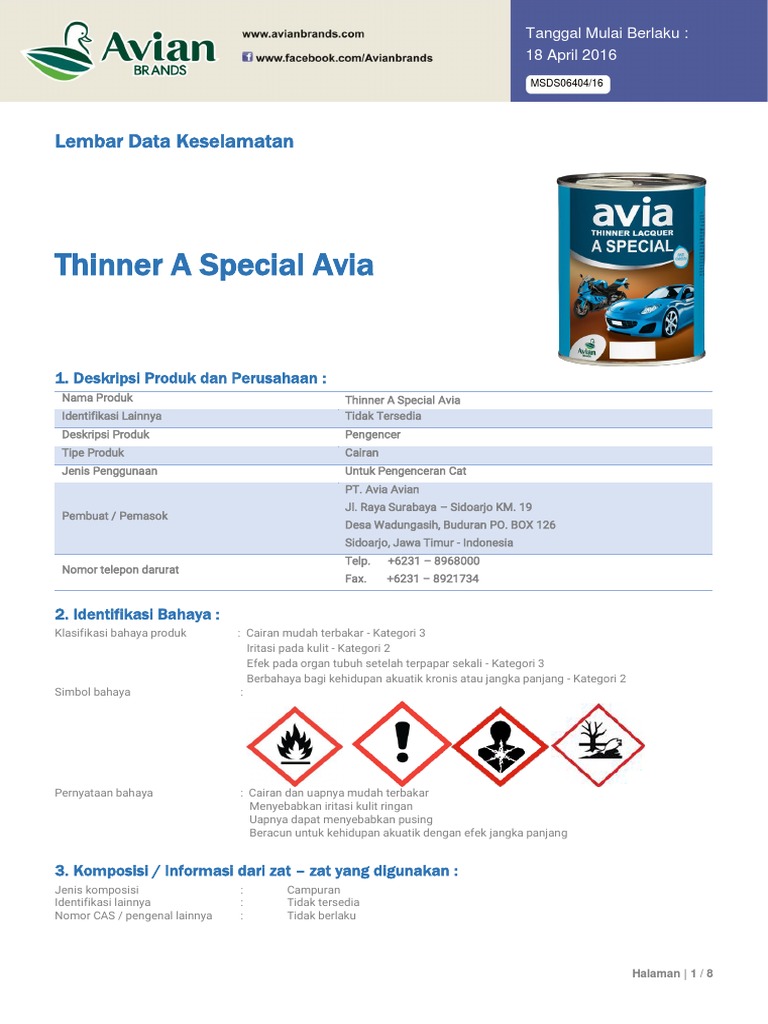 MSDS - Thinner A Special Avia | PDF