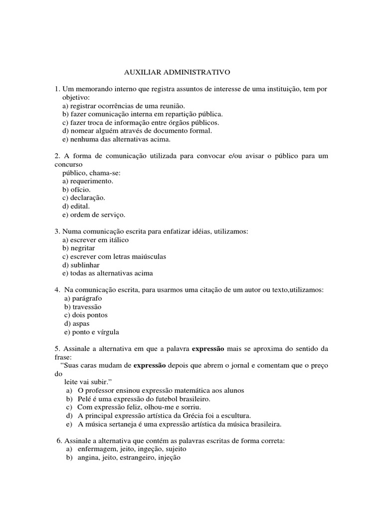 Prova Auxiliar Administrativo PDF | PDF