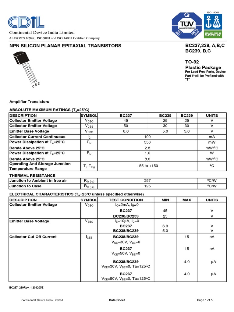 BC238 Transistor Datasheet Overview | PDF | Bipolar Junction Transistor ...