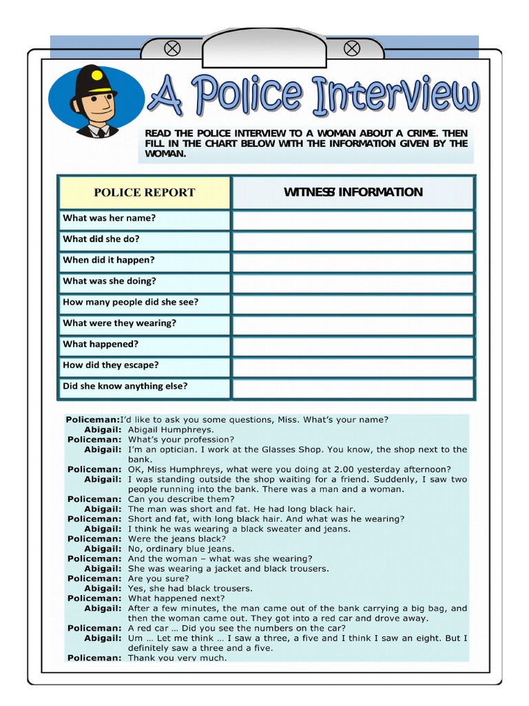 A Police Interview Past Continuous Reading Comprehension Exercises ...