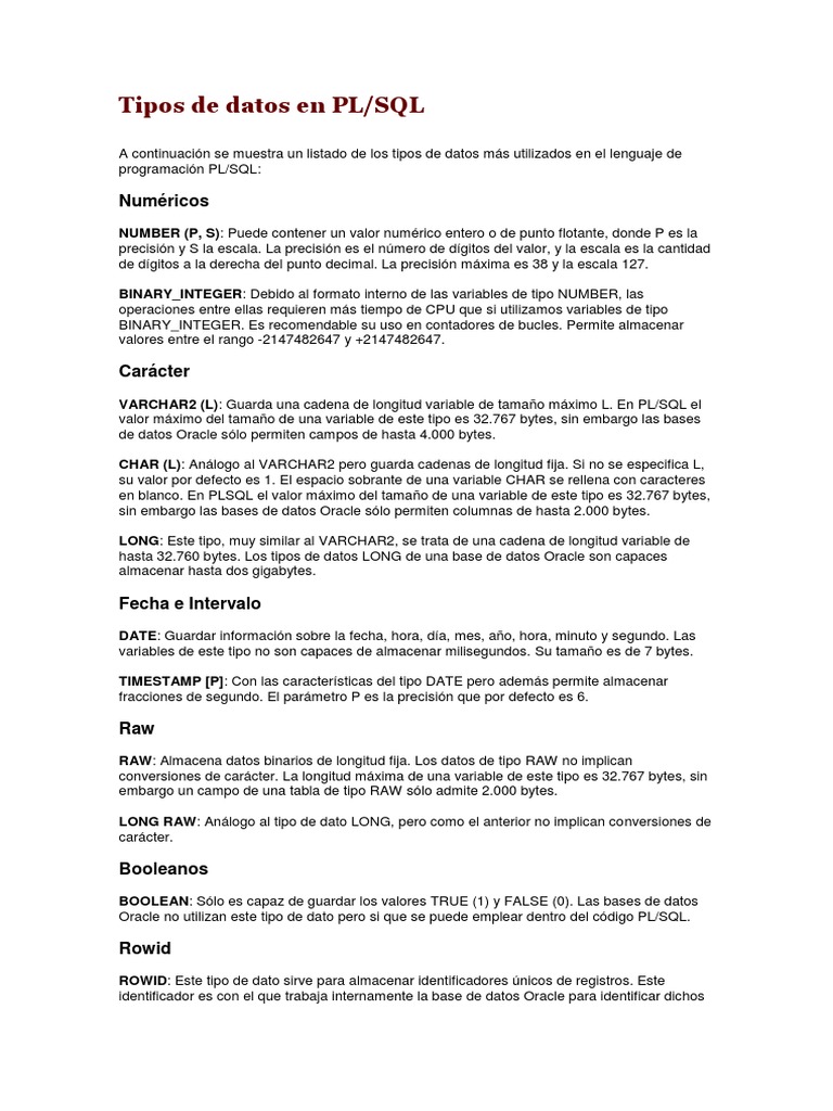 PLSQL | PDF | Tipo de datos | Pl / Sql