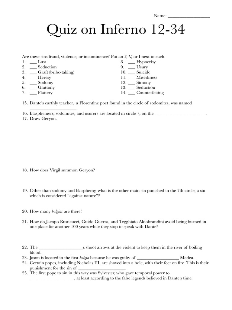 Quiz On Inferno 12-34 | PDF | Inferno (Dante) | Religious Belief And ...