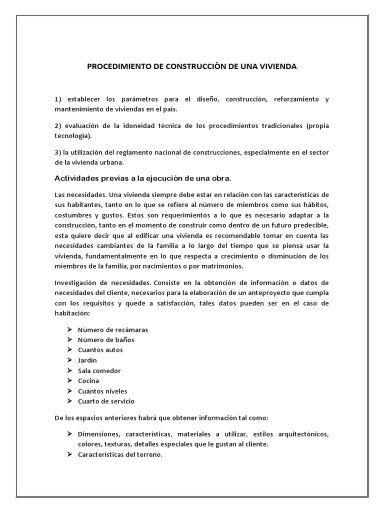 Procedimiento Constructivo de Una Vivienda | PDF | Fundación (Ingeniería) | Hormigón