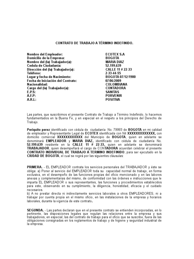 modelo Contrato de Trabajo a Termino Indefinido | Derecho laboral | Salario