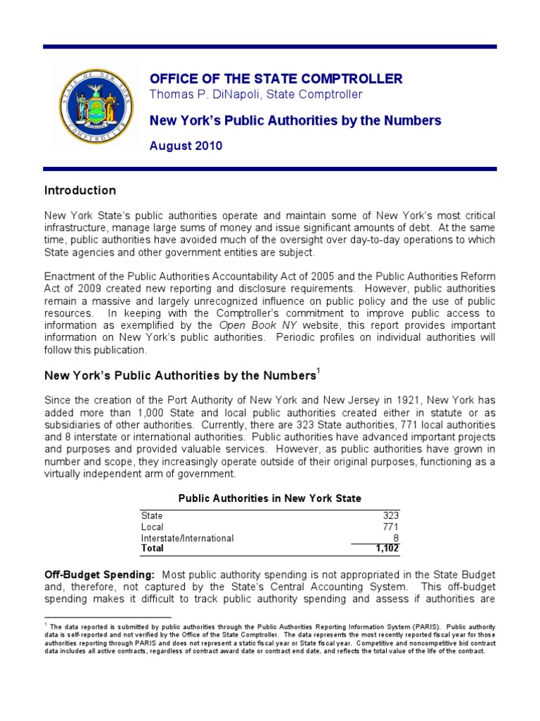 Office of The State Comptroller New York's Public Authorities by The ...