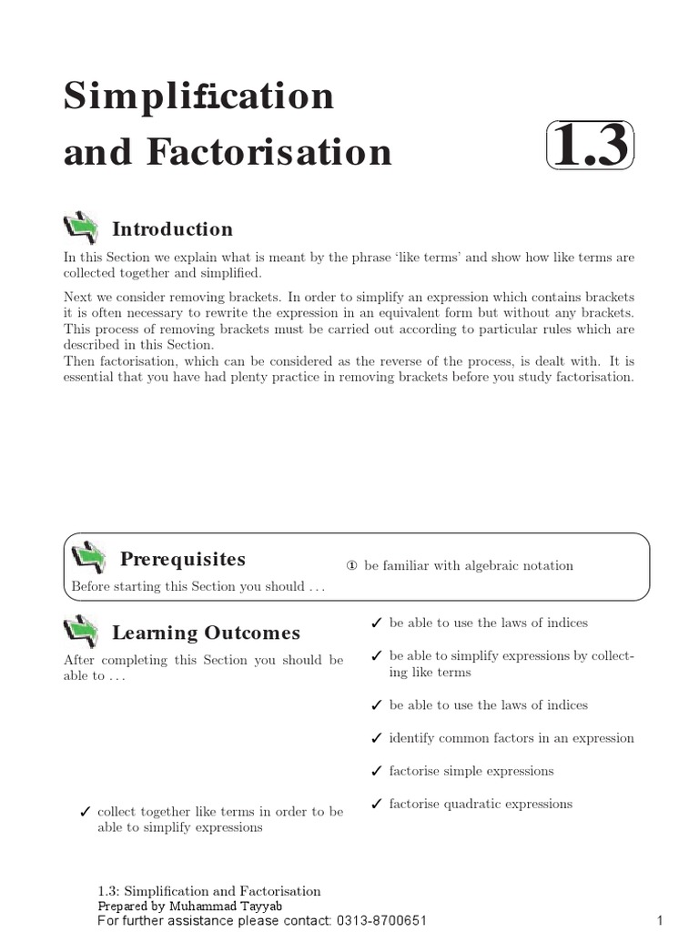1 3 Simplify Factorise | PDF | Factorization | Quadratic Equation