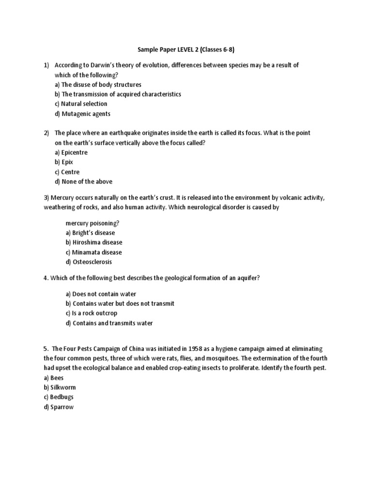 Sample Paper - Level 2 | PDF | Rainforest | Water