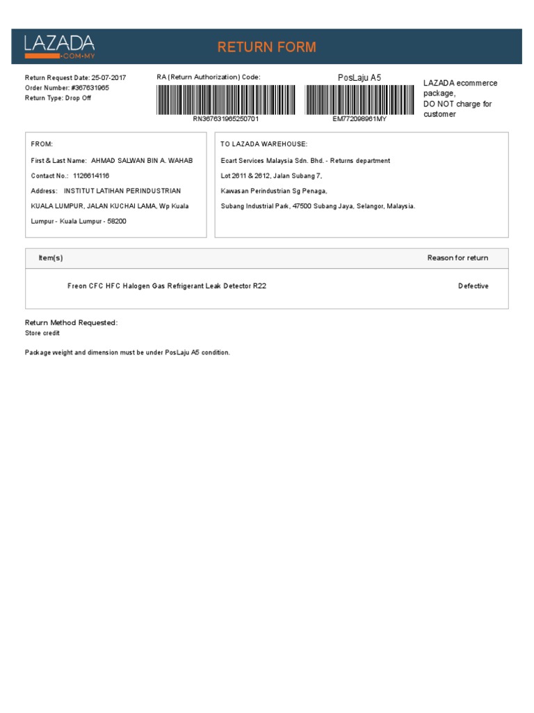 Lazada Return Form and Process Guide | PDF