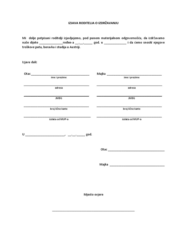 IZJAVA RODITELJA O IZDRŽAVANJU-nepopunjena | PDF