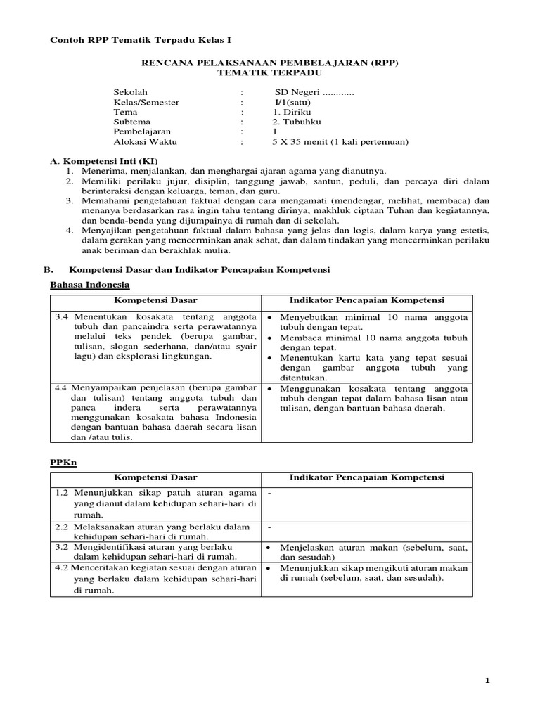 Contoh RPP Tematik Terpadu Kelas I | PDF | Karier & Perkembangan ...