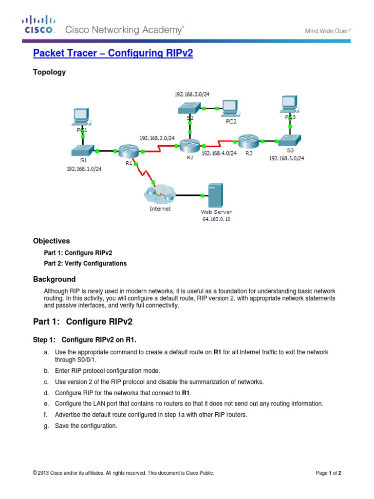 3.2.1.8 Packet Tracer - Configuring RIPv2 Instructions | PDF
