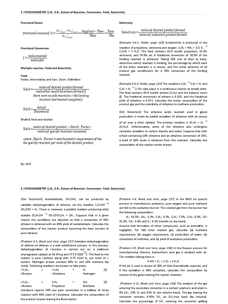 STOICHIOMETRY (Yield, Conversion, Selectivity) | PDF | Stoichiometry ...