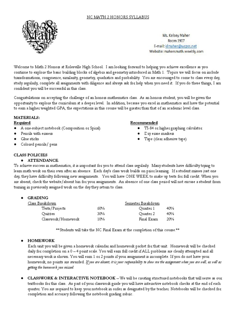 NC Math 2 Honors Syllabus Overview | PDF | Schools | Educational ...