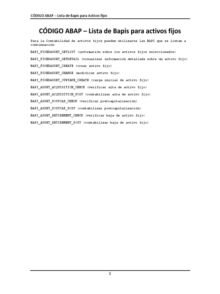 CÓDIGO ABAP - Lista de Bapis para Activos Fijos | PDF