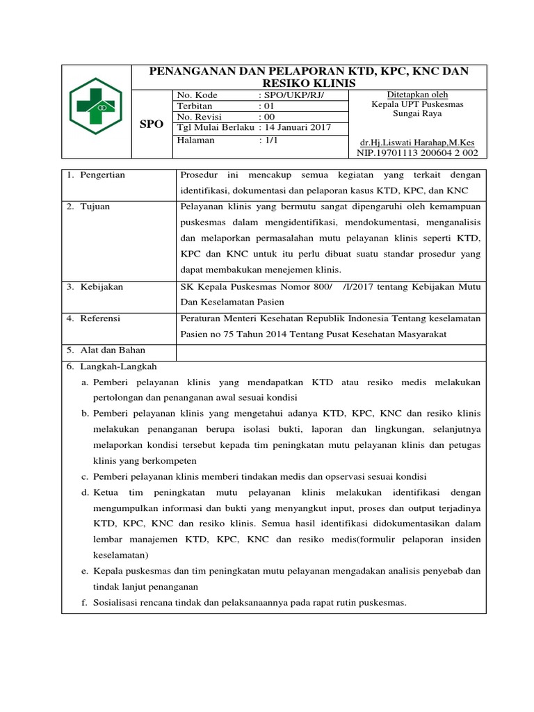 Kriteria 9.1.1 Ep 6 Sop Penanganan KTD, KTC, KPC, KNC | PDF