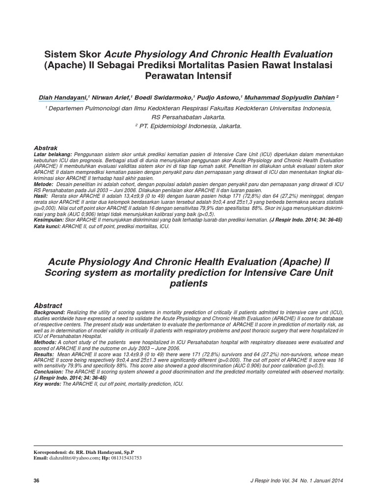 Acute Physiology and Chronic Health Evaluation (Apache) II Scoring ...