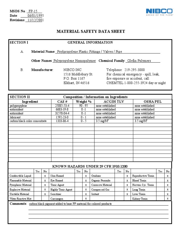 Nib Polypropylene Plastic Fittings Valves Msds | PDF | Toxicity | Carbon