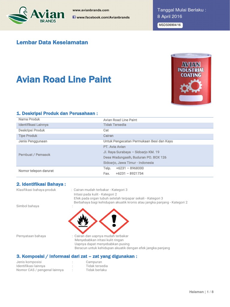 MSDS - Avian Road Line Paint - 1462073745 | PDF