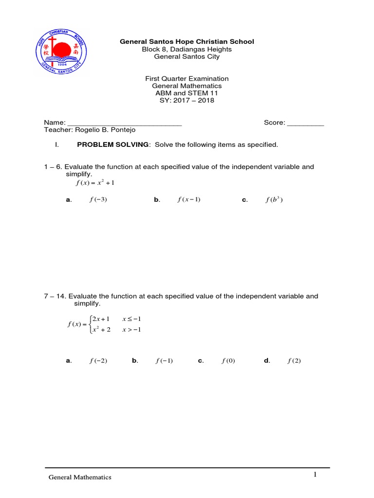 General Mathematics Midterm ABM STEM | PDF | Function (Mathematics ...