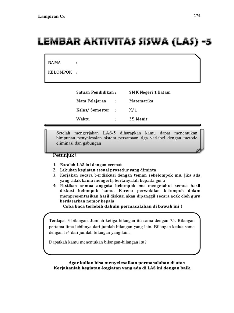Contoh LAS Berbasis NHT Materi SPLTV | PDF