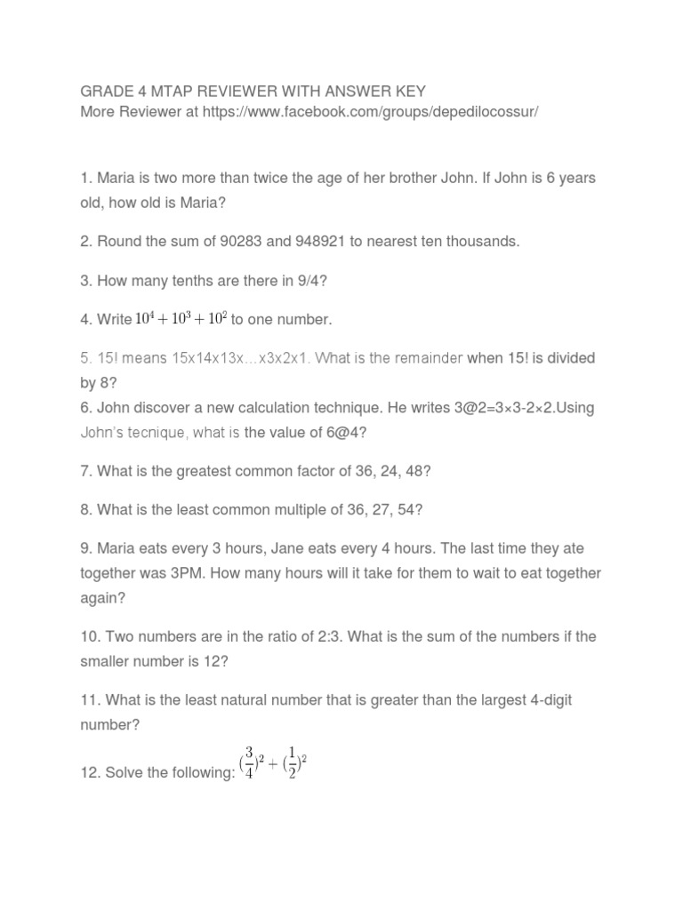 Grade 4 Mtap Reviewer With Answer Key | PDF | Numbers | Teaching ...