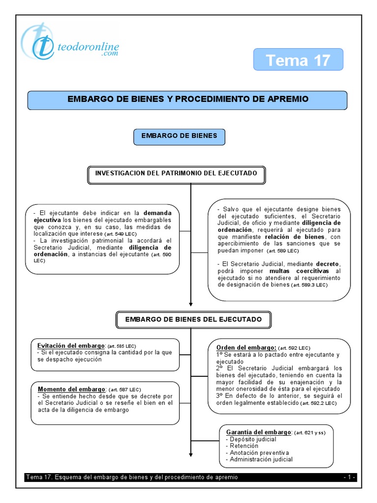 t.17 Esquema Embargo Debienes y Procedimiento Apremio 1 | Subasta | Pagos