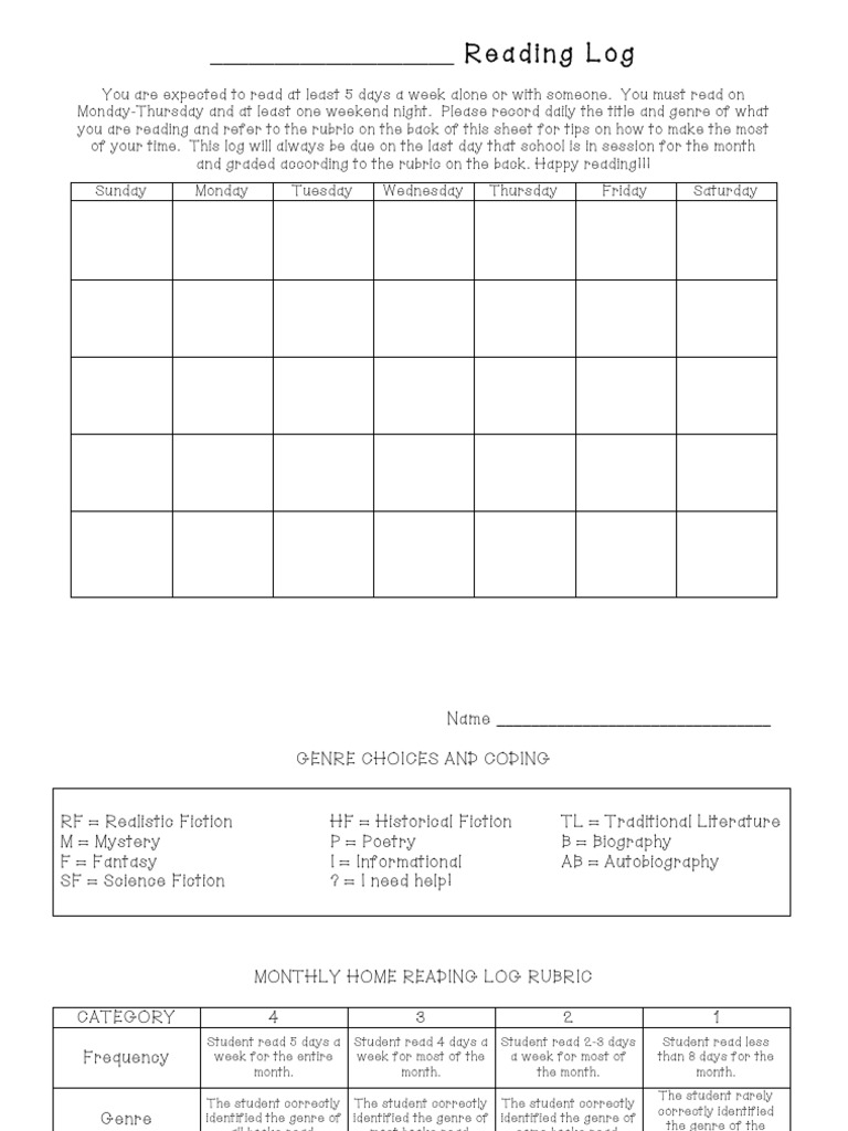 Monthly Reading Log Calendar Rubric Genre Code Guide | PDF | Workweek ...