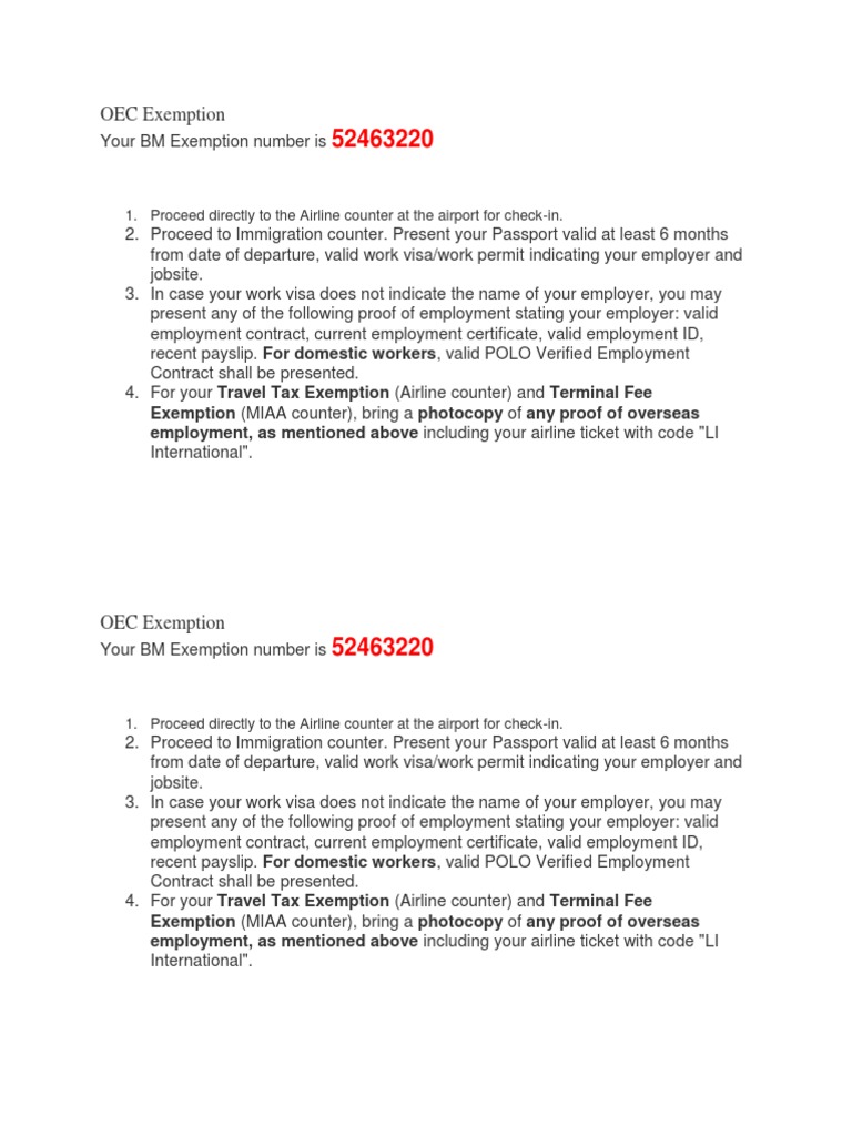 OEC Exemption: 1. Proceed Directly To The Airline Counter at The ...