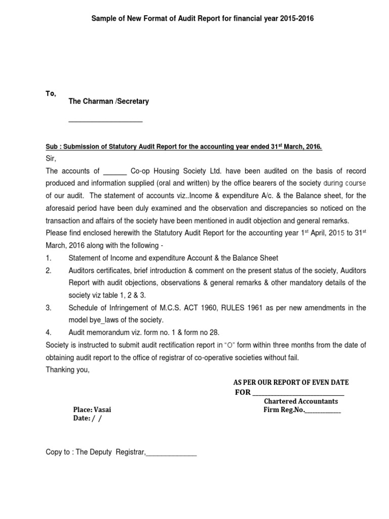 Sample of New Format of Audit Report IN BANK | Financial Audit ...