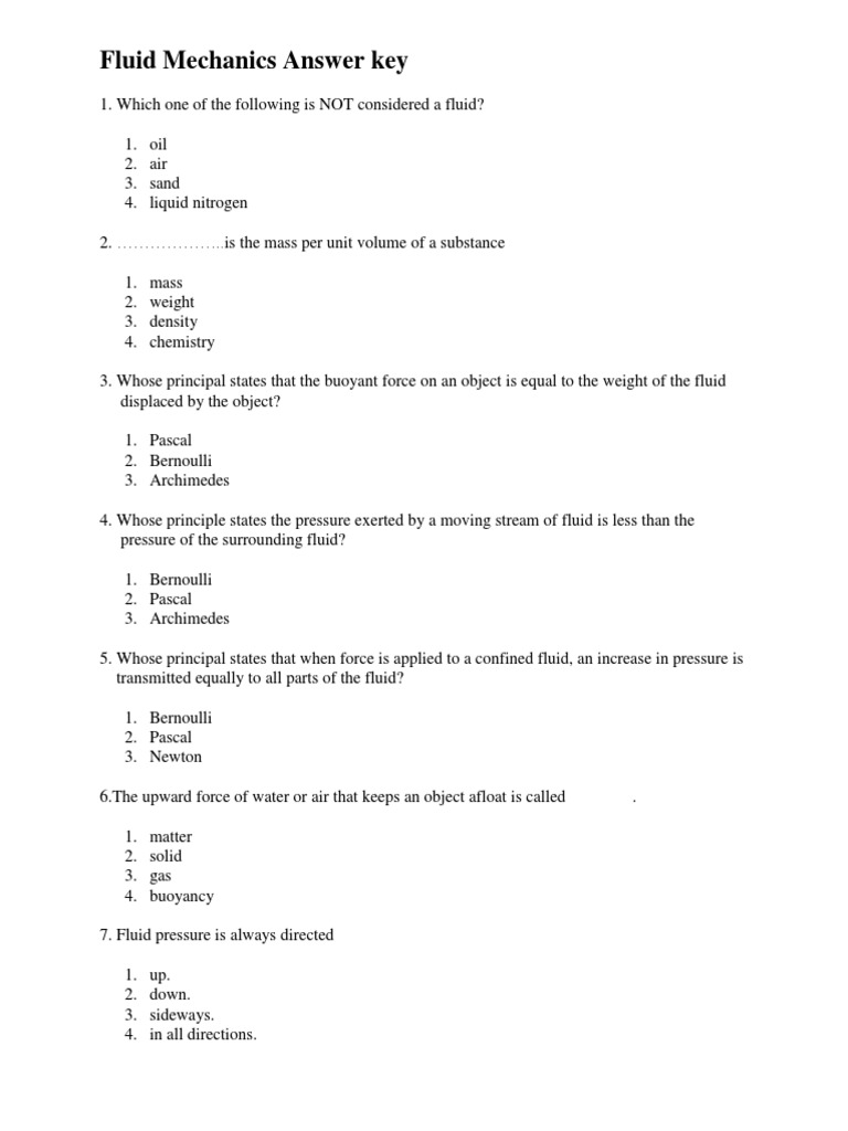 Fluid Mechanics Answer Key | PDF | Pressure | Buoyancy