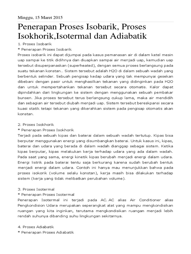 Penerapan Proses Isobarik, Proses Isokhorik, Isotermal Dan Adiabatik | PDF
