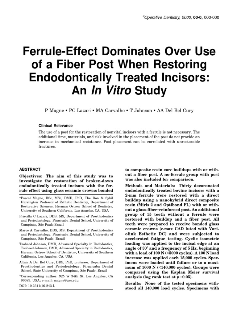 Ferrule-Effect Dominates Over Use of A Fiber Post When Restoring ...