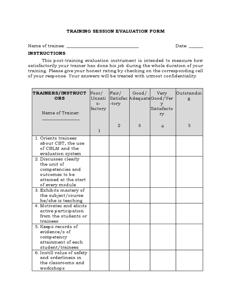 Training Session Evaluation Form | Evaluation | Educational Assessment
