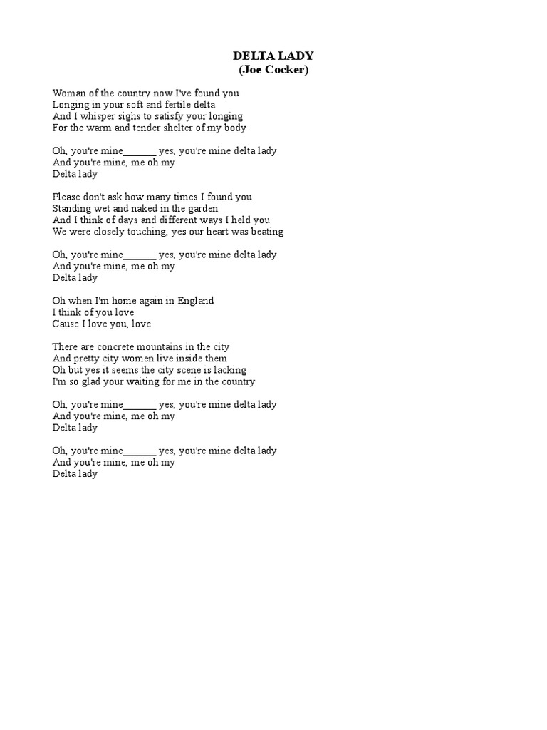 Joe Cocker - Delta Lady Song Lyrics | PDF