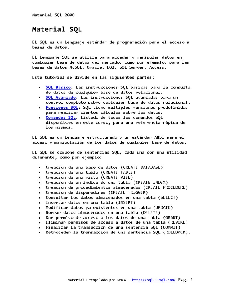Material SQL | PDF | SQL | Tabla (base de datos)