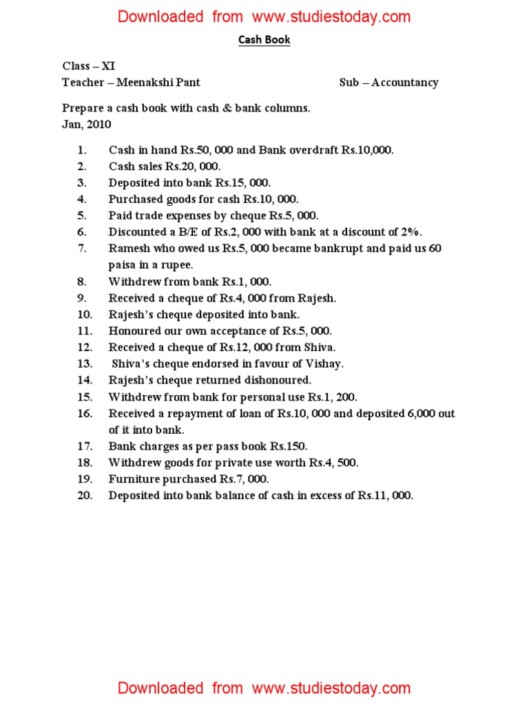 CBSE Class 11 Accountancy - Cash Book | PDF