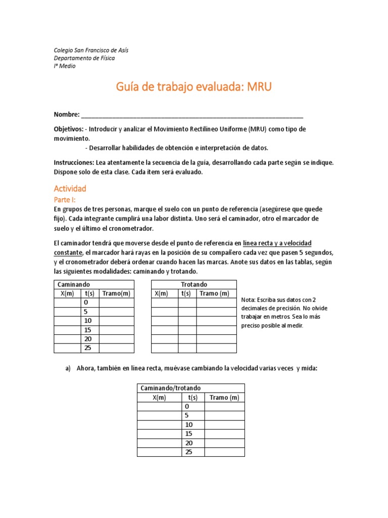 Guía de Trabajo Evaluada MRU | PDF | Movimiento (física) | Velocidad