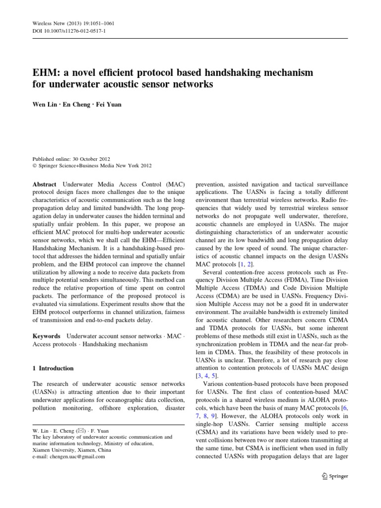 EHM: A Novel Efficient Protocol Based Handshaking Mechanism For Underwater Acoustic Sensor ...