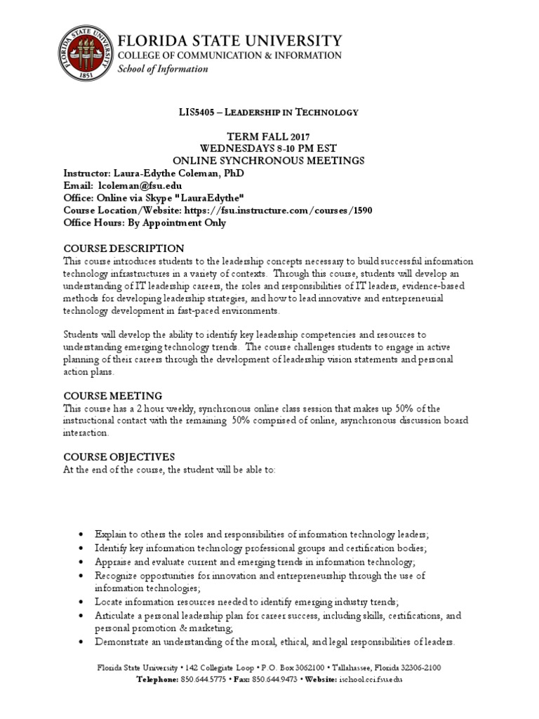 LIS5405 Syllabus | PDF | Leadership | Syllabus