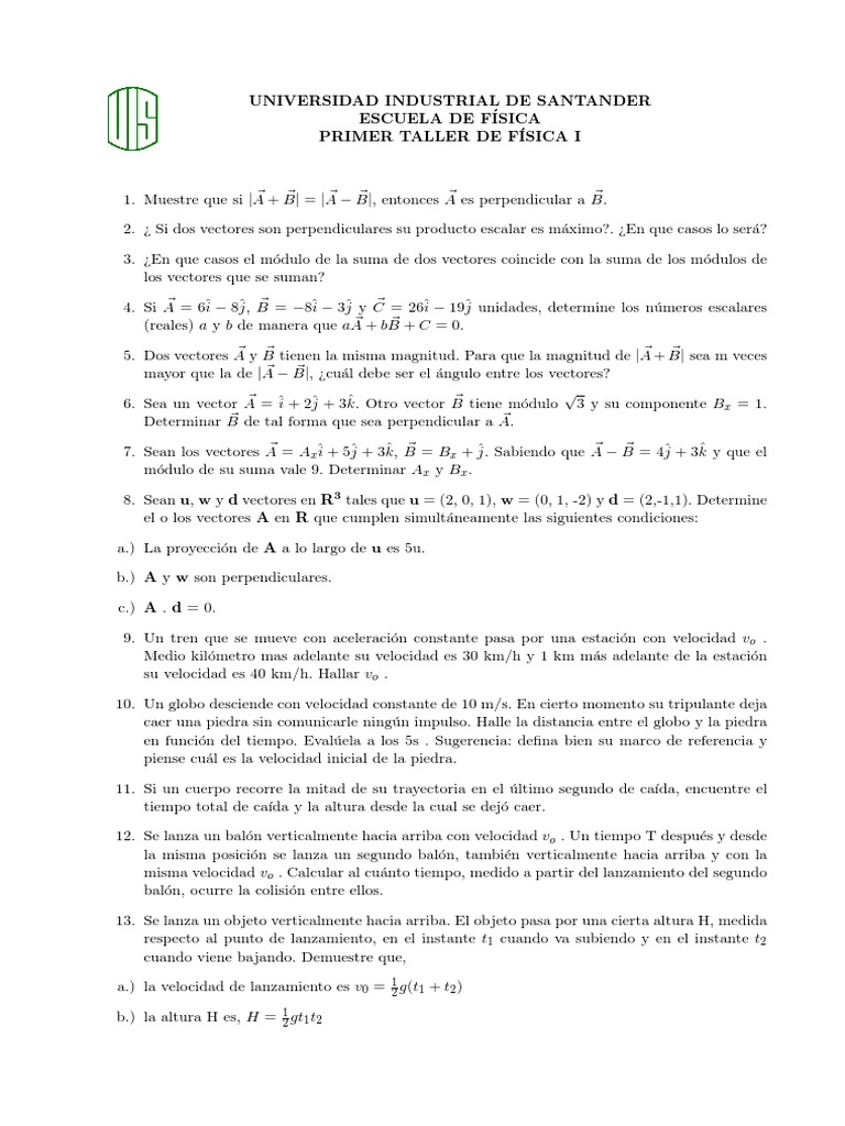 Taller 1 Fisica PDF | PDF | Aceleración | Velocidad