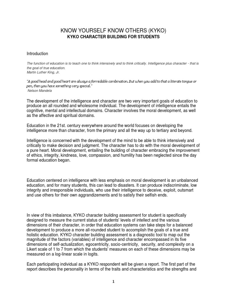 KYKO Character Building For Student | PDF | Integrity | Intelligence
