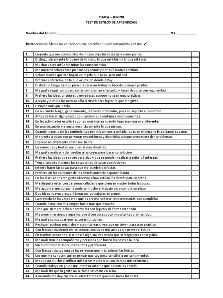 Test CHAEA Junior de Estilos de Aprendizaje | PDF | Science | Ciencia ...