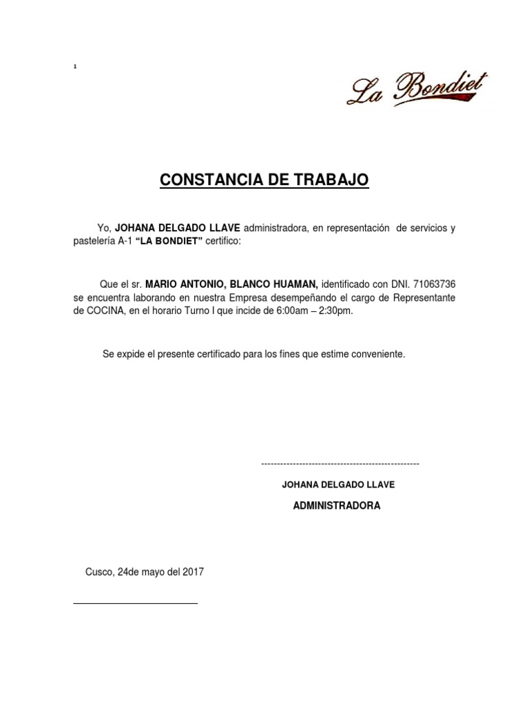 Constancia de Trabajo en La Bondiet | PDF | Cocina, comidas y vino