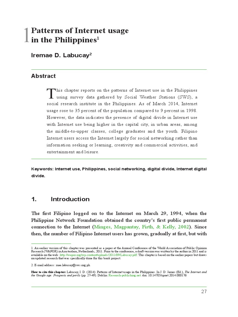 Patterns of Internet Usage in The Philippines: Iremae D. Labucay | PDF ...