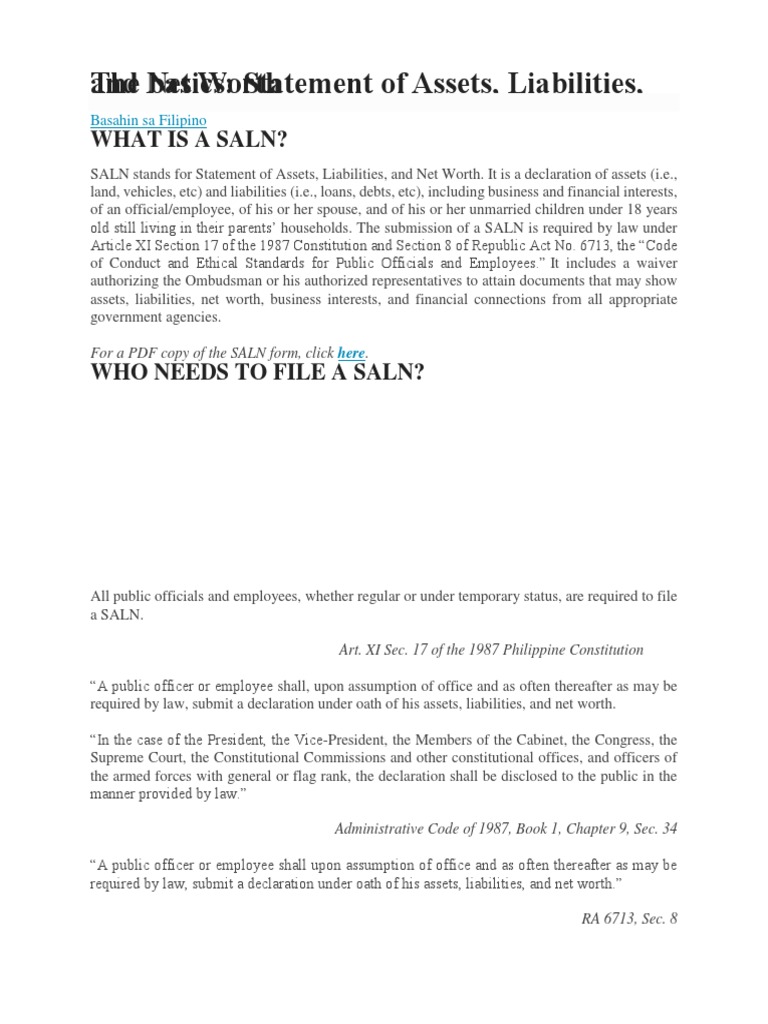 The Basics: Statement of Assets, Liabilities, and Net Worth: What Is A ...
