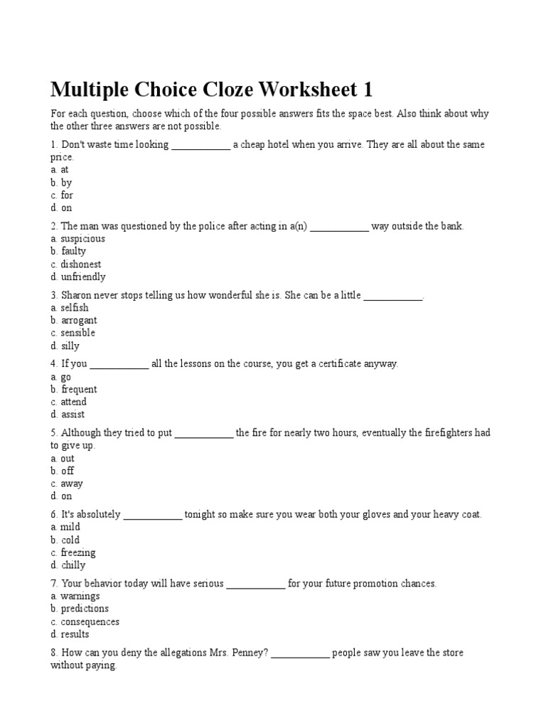 Multiple Choice Cloze Worksheet 1 | PDF | Nature