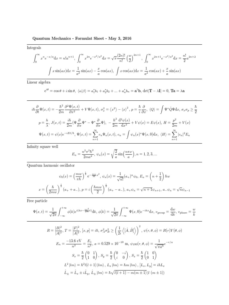 Quantum Physics Equations Sheet Quantum Mechanics Equations Google